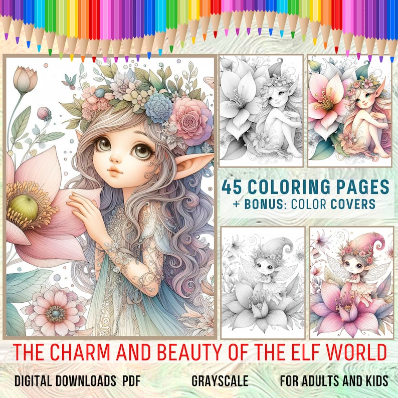 Fairy Elves Coloring Book Pages | Fantasy Elf and Flowers Coloring for ...