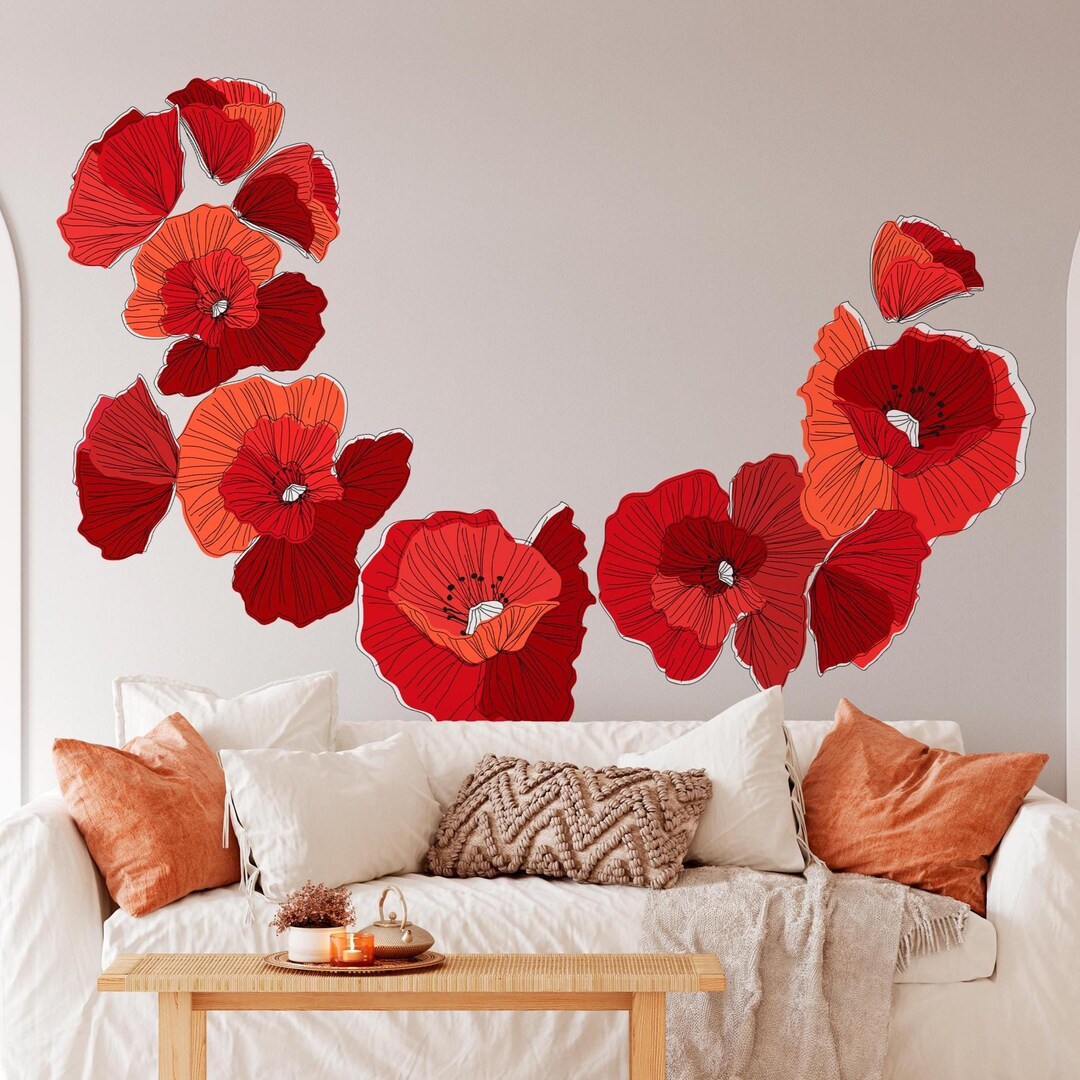Red Poppy Wall Decals – Large Removable Floral Stickers for Bedroom ...