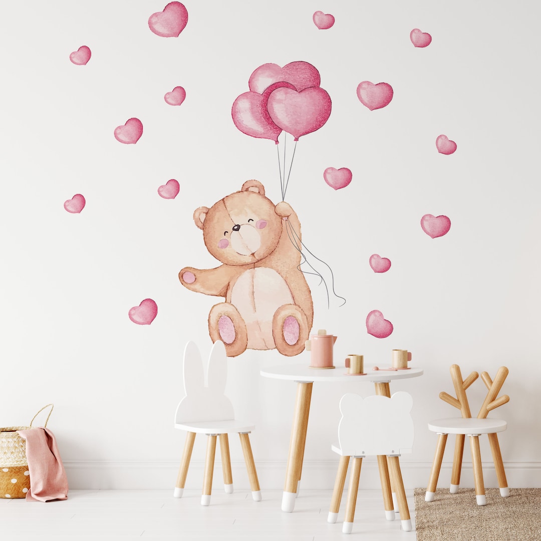 Teddy Bear Wall Decal, Cute Bear With Ballon, Girl Nursery Decal, Baby ...