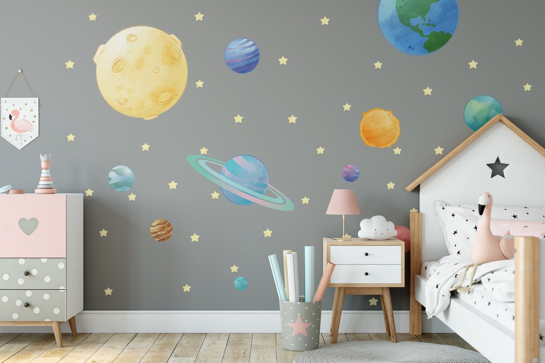 Solar System Wall Decal for Kids Room, Moon and Star Decal, Planet ...