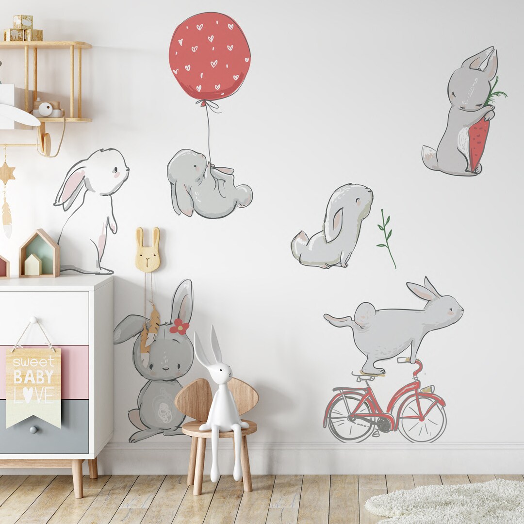 Nursery Prints, Kids Wall Decal, Rabbit Wall Decal, Bunny Sticker, Cute ...