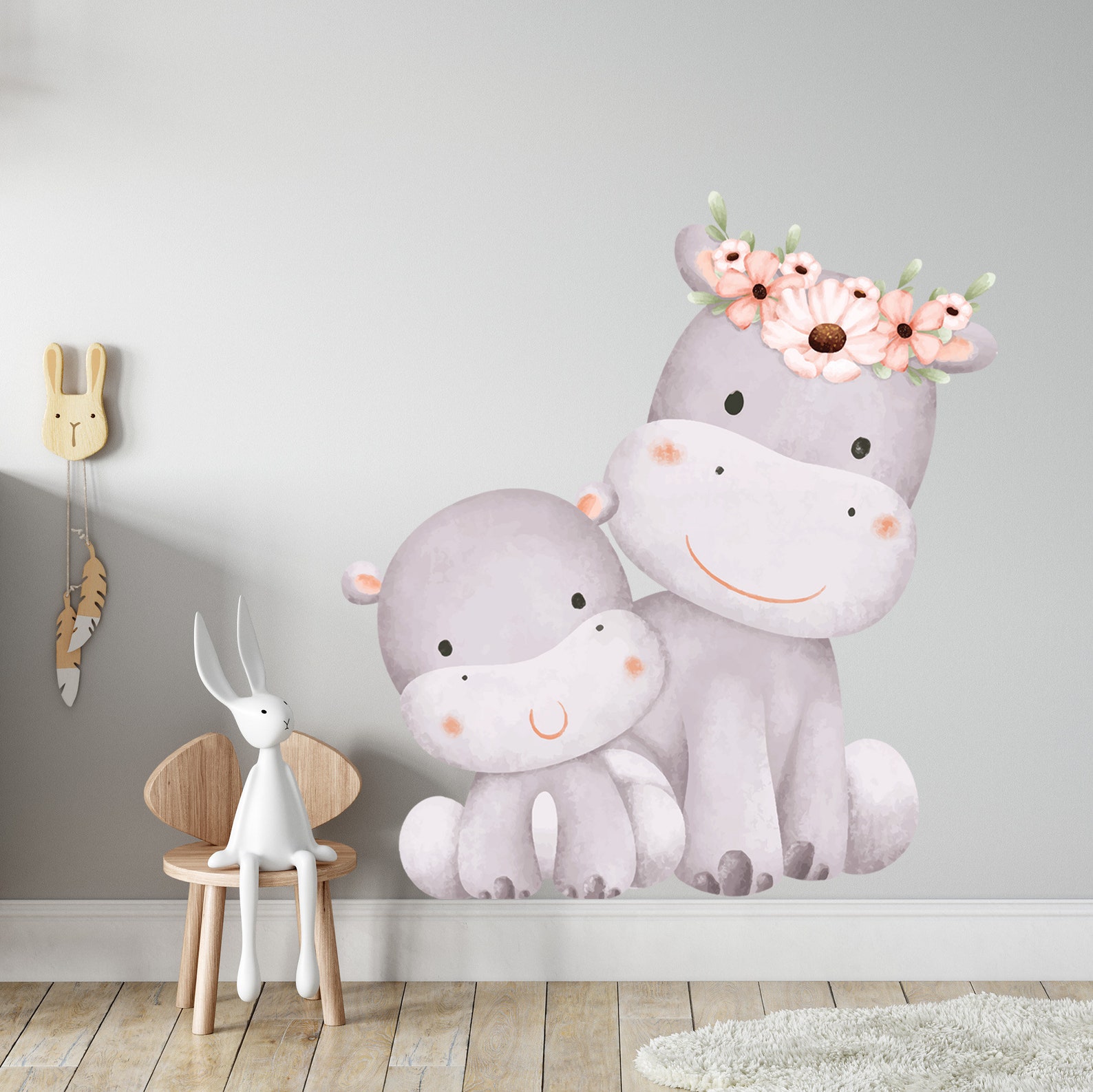 Nursery Wall Decor, Hippos Wall Decal, Hippo Family Sticker, Hippo Wall ...