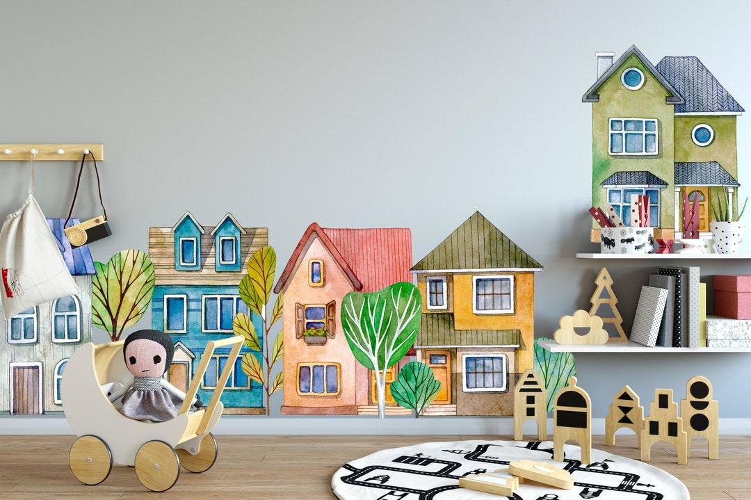 Large Watercolor City Wall Decal, Cute Houses Sticker, Home Wall Decal ...
