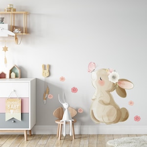 Cute Bunny With Flowers, Nursery Wall Decal, Bunny Floral Decal, Bunny ...
