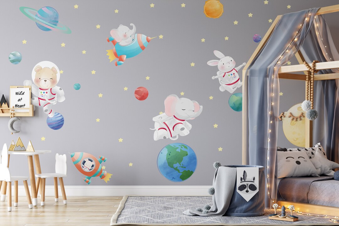 Astronaut Wall Decal, Cute Space Animal, Moon and Star for Kids, Bunny ...