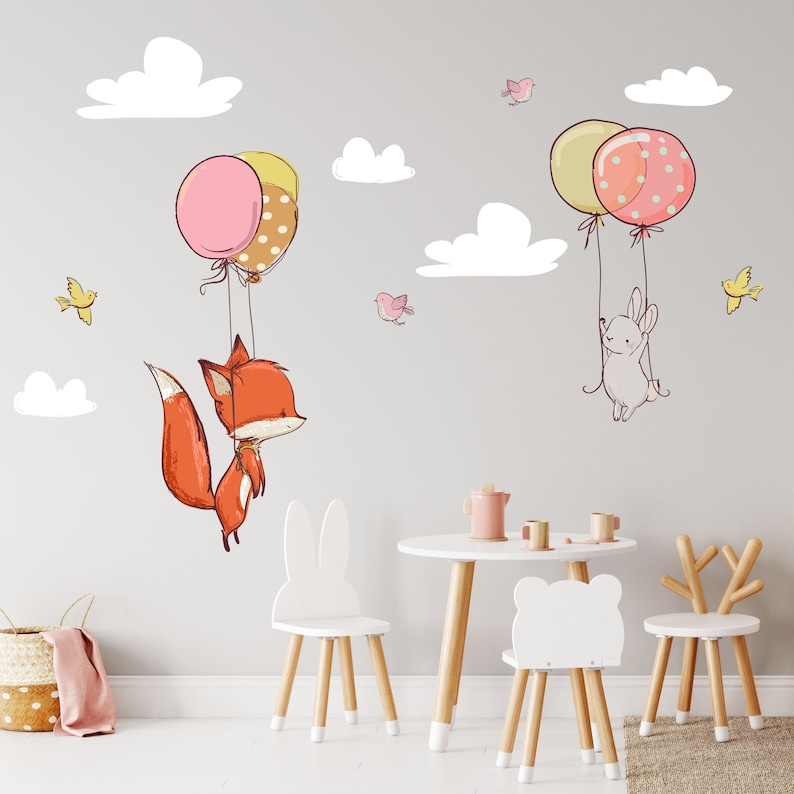 Bunny and Fox Nursery Wall Decal, Clouds and Balloons - Etsy