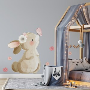 Cute Bunny With Flowers, Nursery Wall Decal, Bunny Floral Decal, Bunny ...