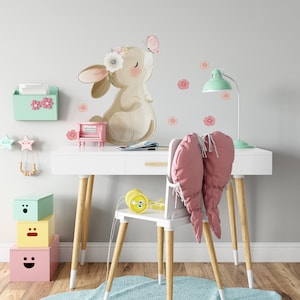 Cute Bunny With Flowers, Nursery Wall Decal, Bunny Floral Decal, Bunny ...