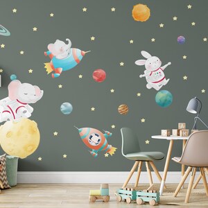 Astronaut Wall Decal, Cute Space Animal, Moon and Star for Kids, Bunny ...