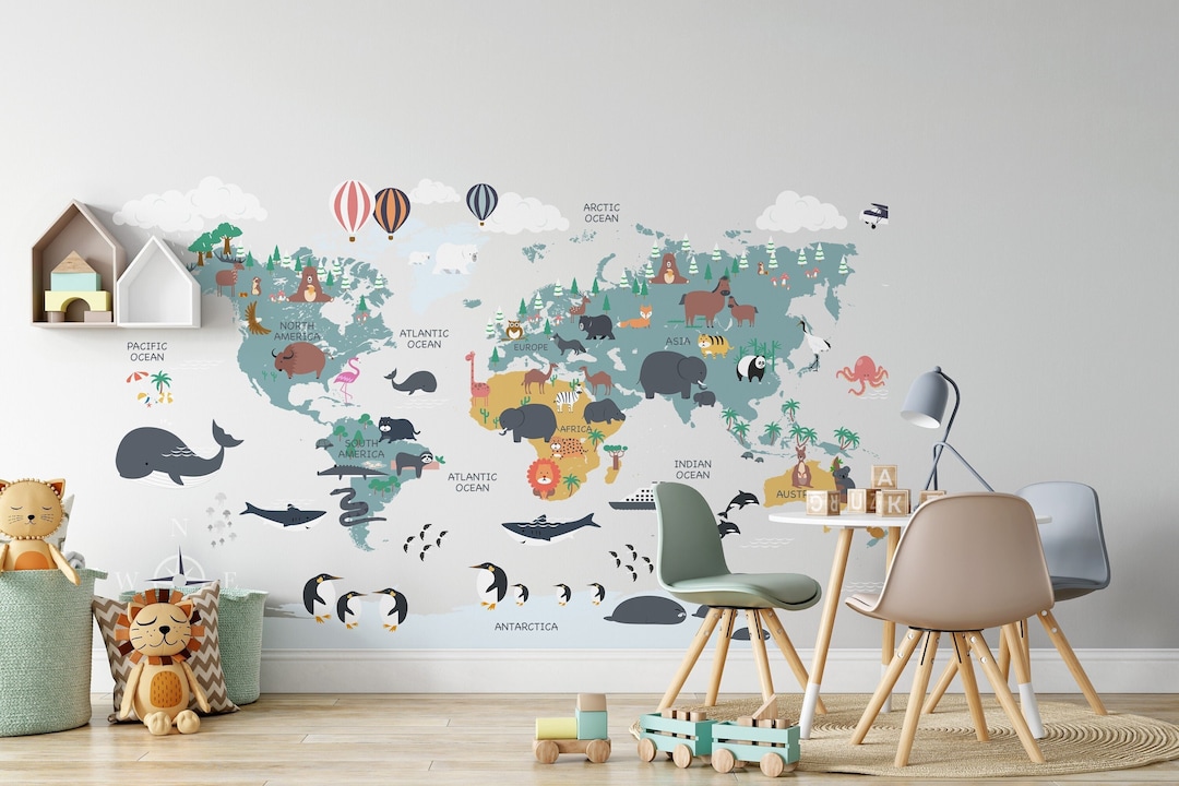 Map Wall Decal, World Wall Sticker, World Map Wallpaper, Large World ...