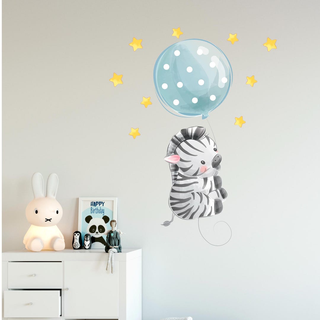 Floating Zebra With Balloon – Boho Nursery Wall Art, Safari Jungle Wall ...
