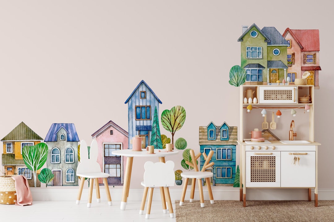 Large Watercolor City Wall Decal, Cute Houses Sticker, Home Wall Decal ...