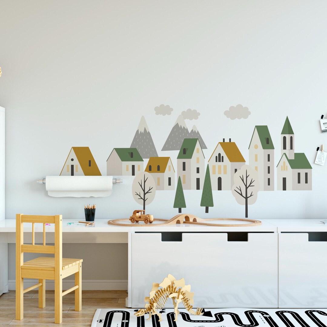 Scandinavian Style Village Wall Decal - Nursery Hand Drawn Town Decal ...