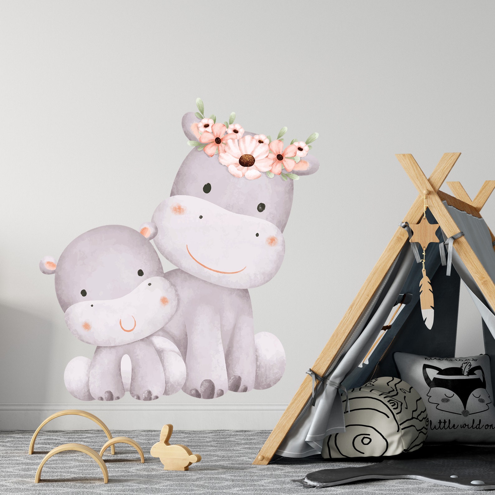 Nursery Wall Decor, Hippos Wall Decal, Hippo Family Sticker, Hippo Wall ...