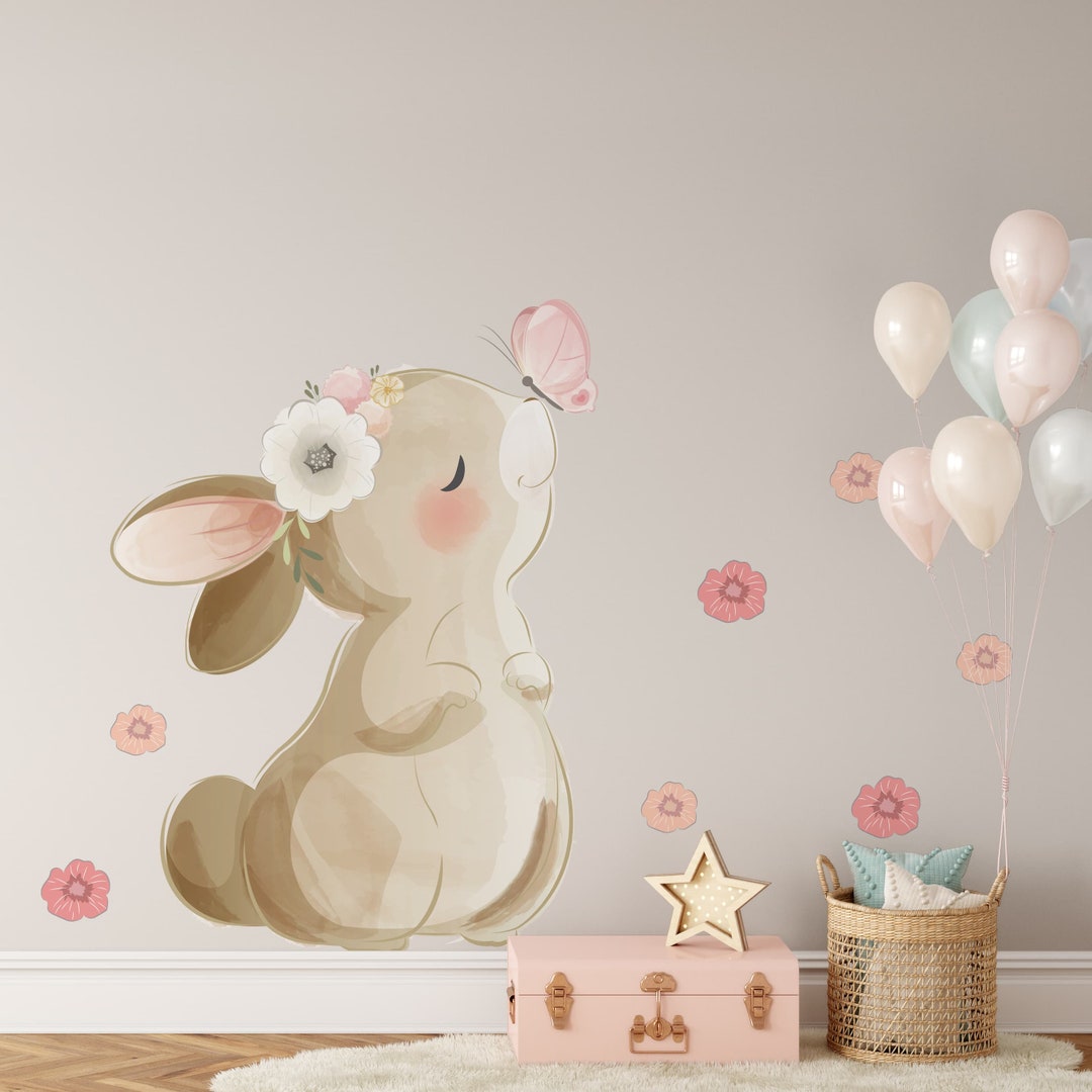 Cute Bunny With Flowers, Nursery Wall Decal, Bunny Floral Decal, Bunny ...