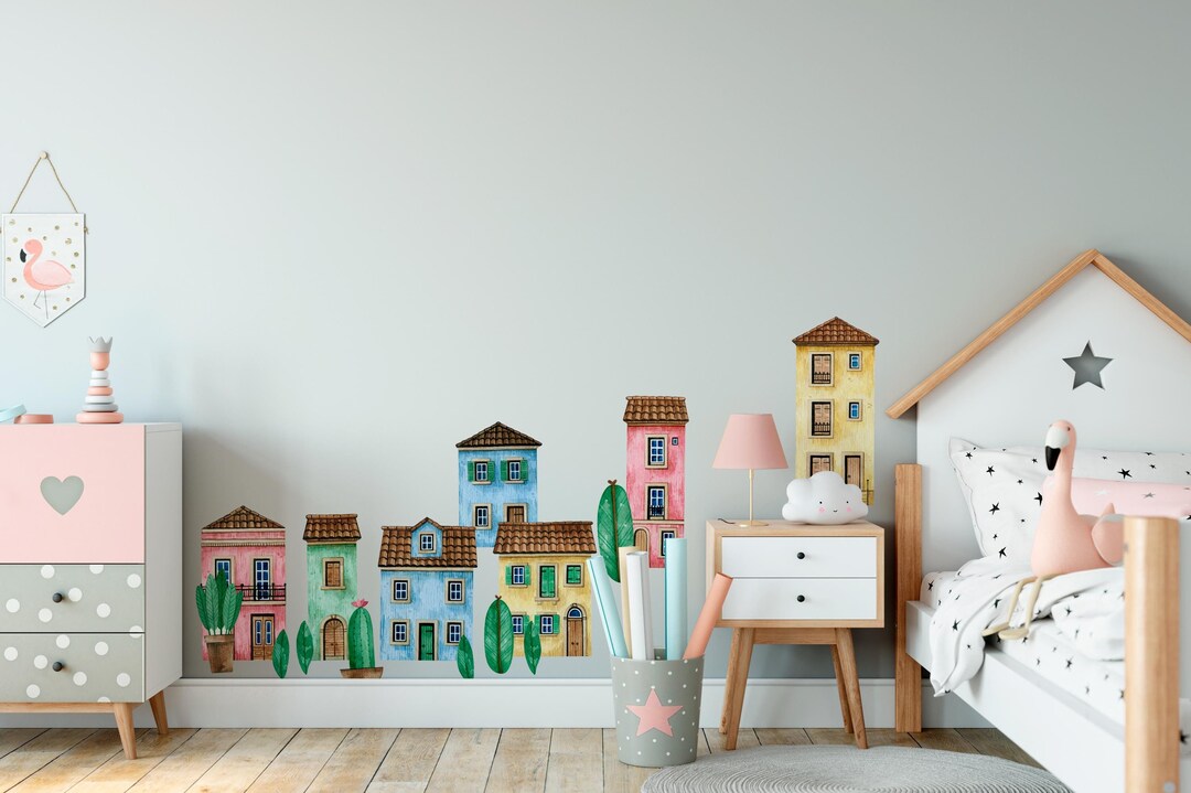 Watercolor Town Houses Wall Decal Set, European Town Wall Sticker Set ...