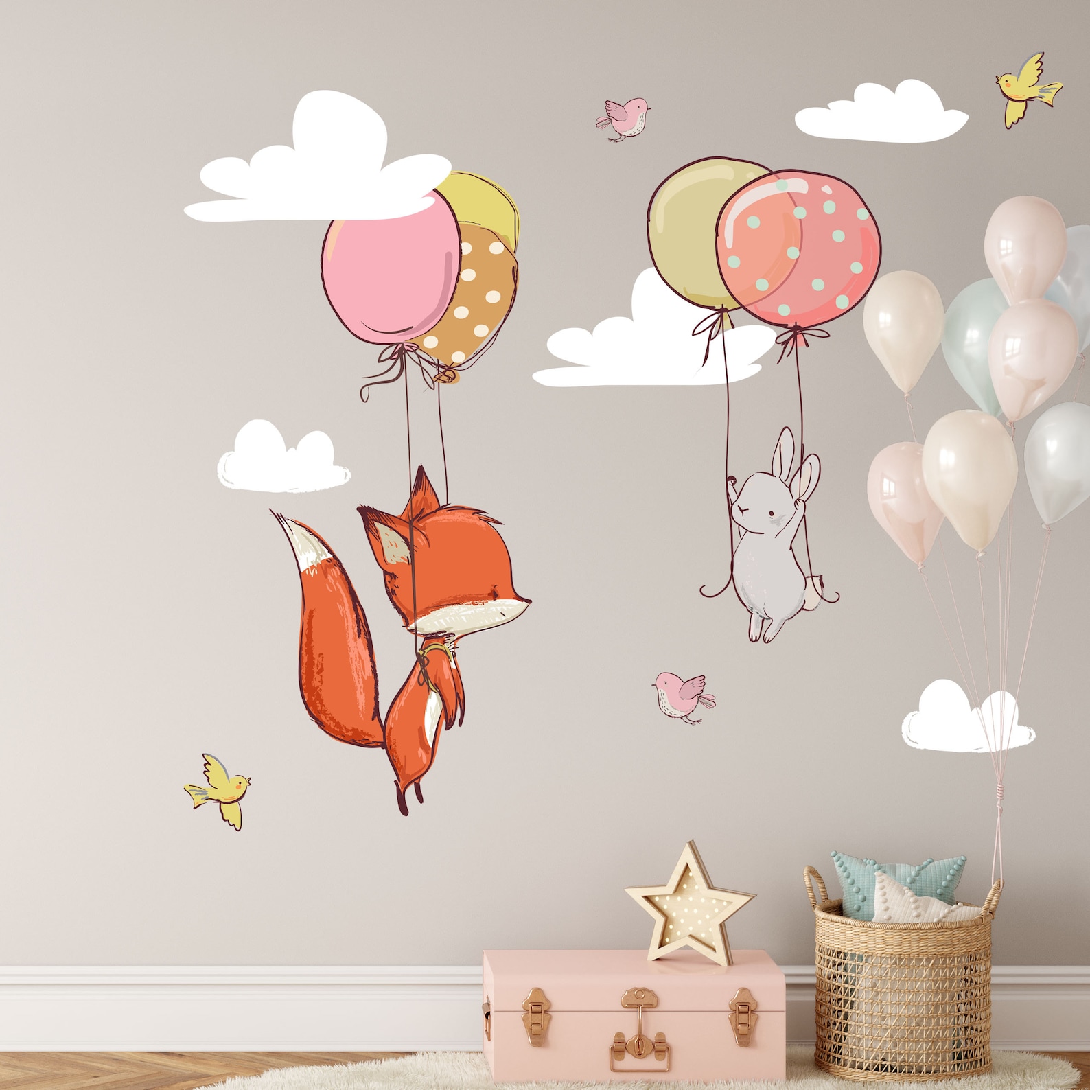 Bunny and Fox Nursery Wall Decal, Clouds and Balloons - Etsy