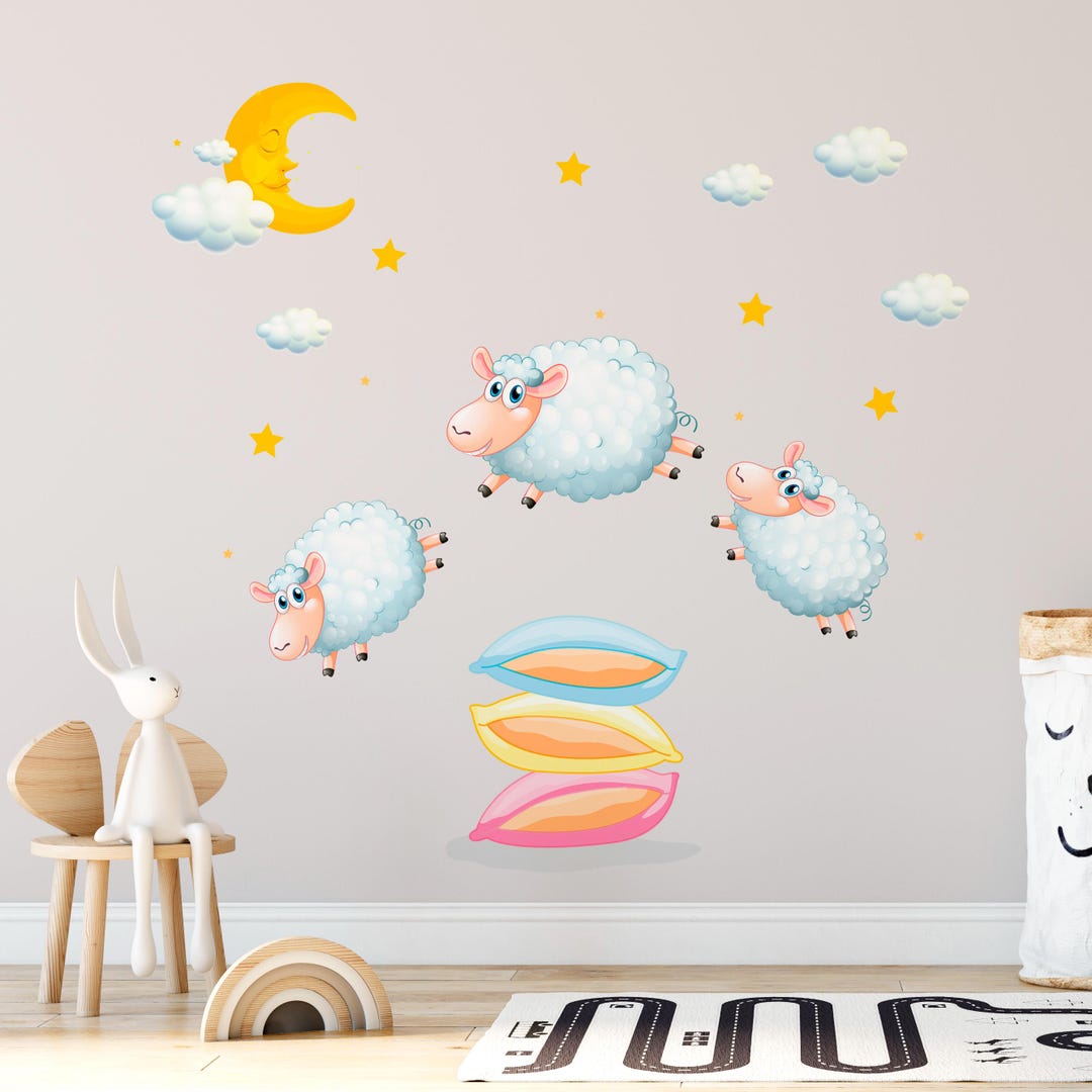 Sheep Wall Decals - Sleep Well Nursery Art, Animal Kids Room Decor ...