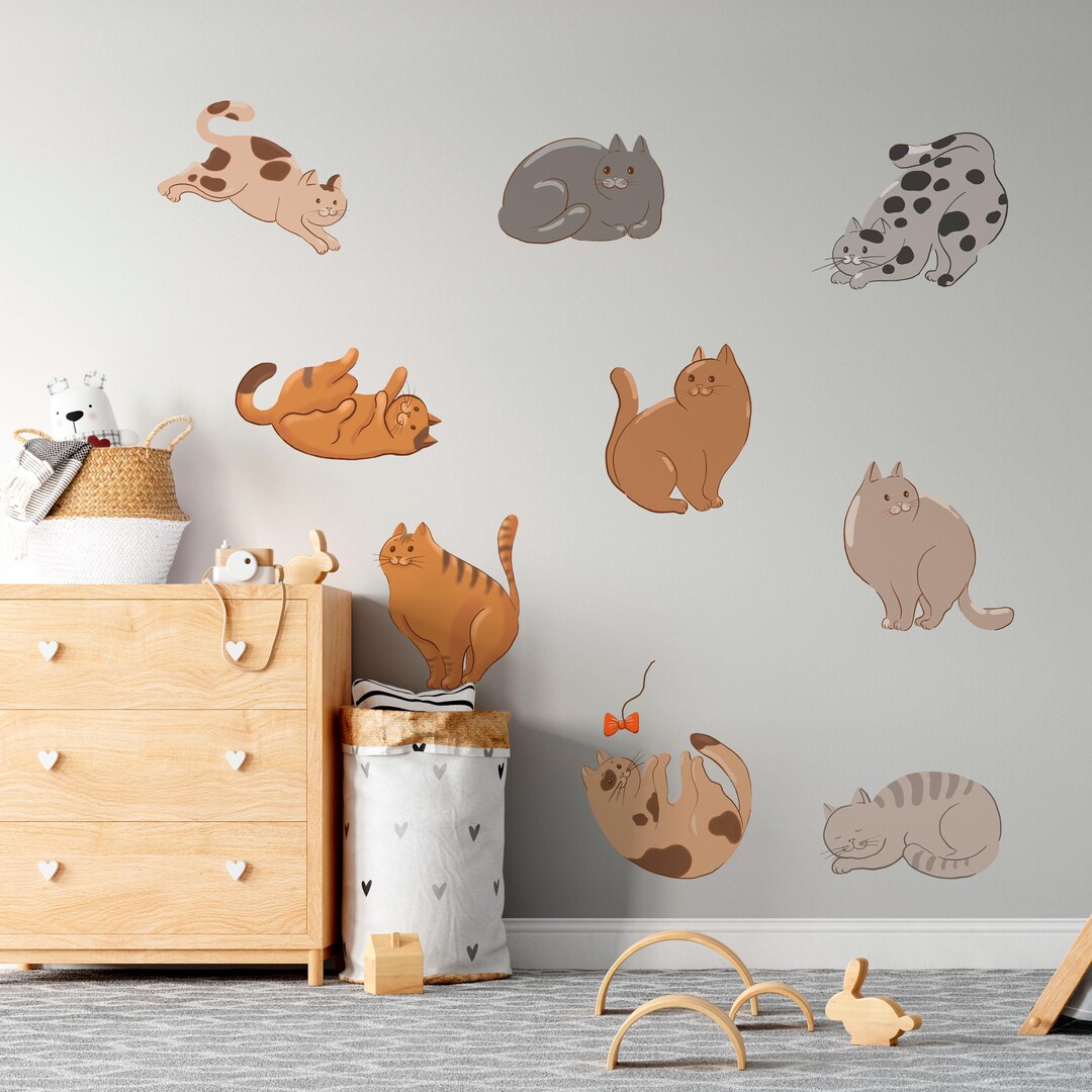 Cats Wall Decal - Neutral Nursery Decor, Kids Room Wall Sticker, Animal ...