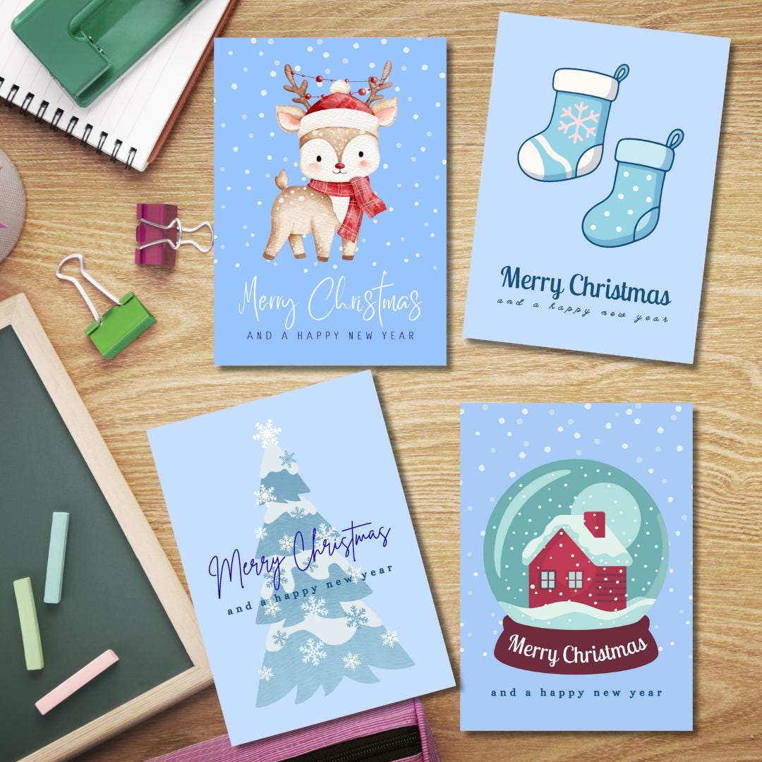 Blue Christmas Card Bundle – Set of 4 Holiday Cards | Modern Winter ...