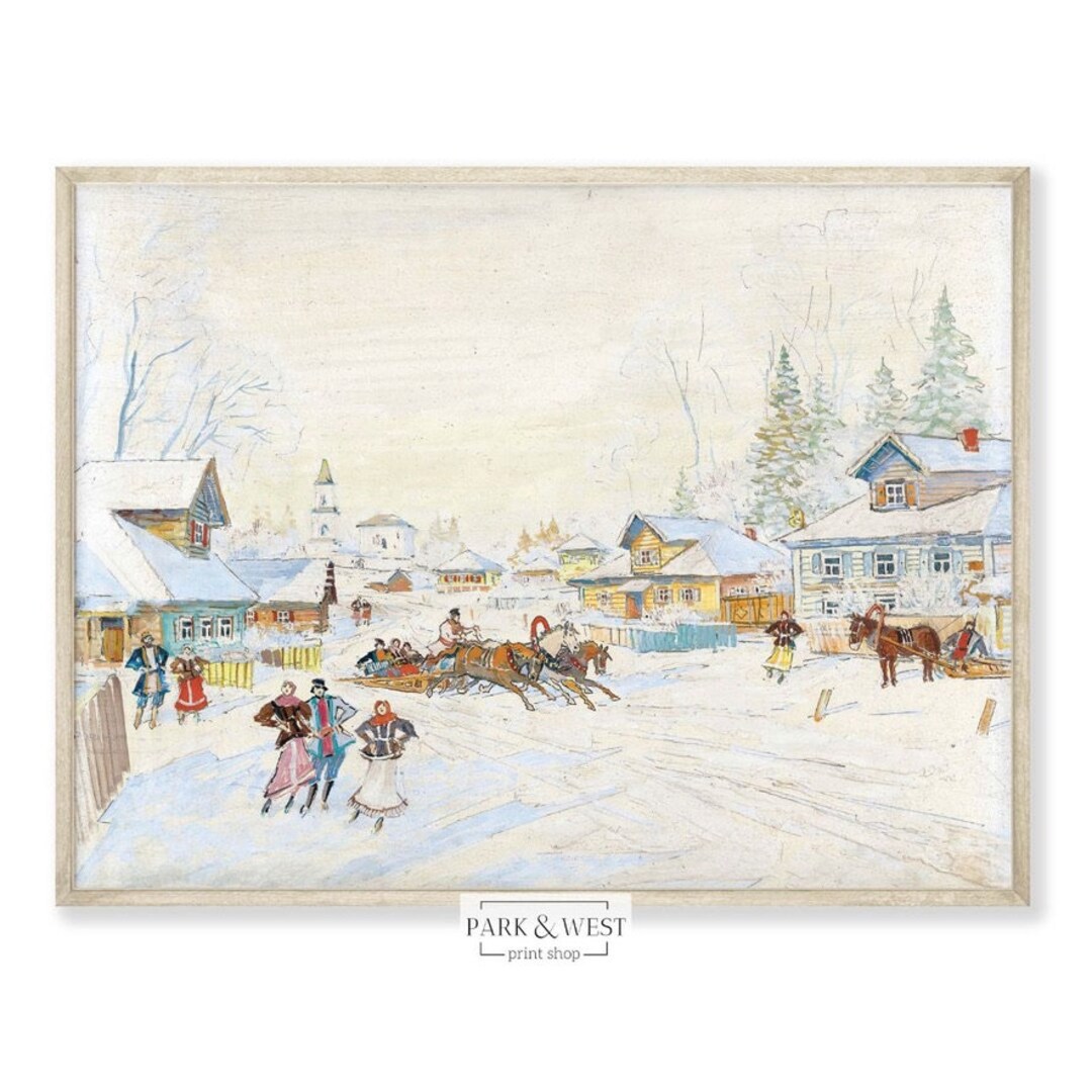Winter Village | Digital Printable Art | Vintage Snowy Village Scene ...