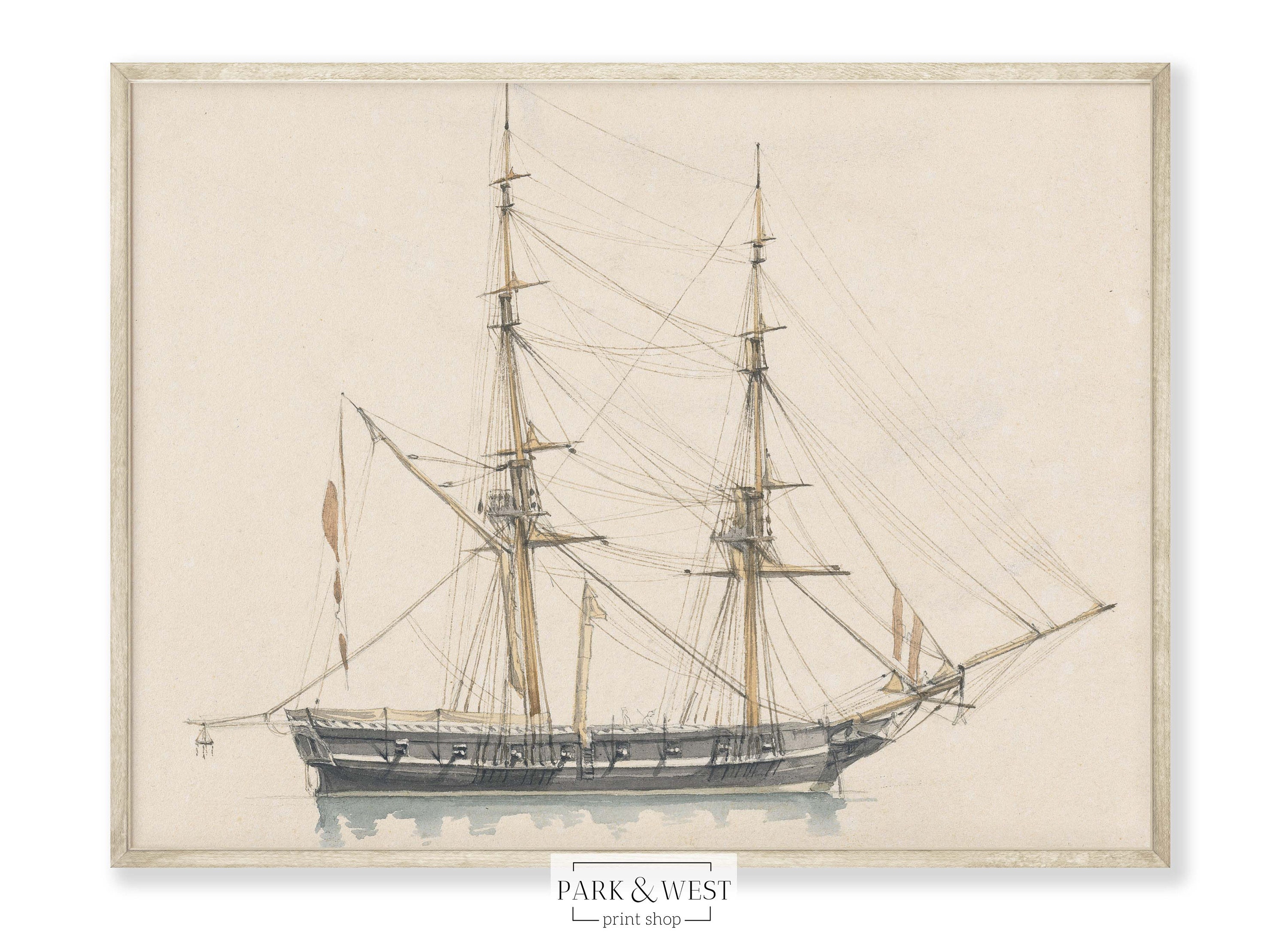 Brigantine | Digital Printable Art | Vintage Nautical Sailboat Seascape ...