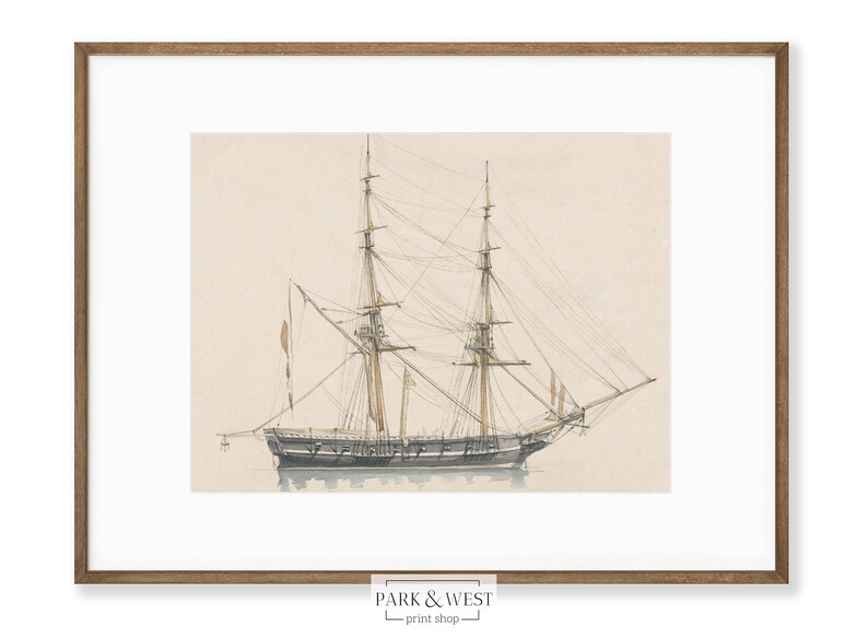 Brigantine | Digital Printable Art | Vintage Nautical Sailboat Seascape ...