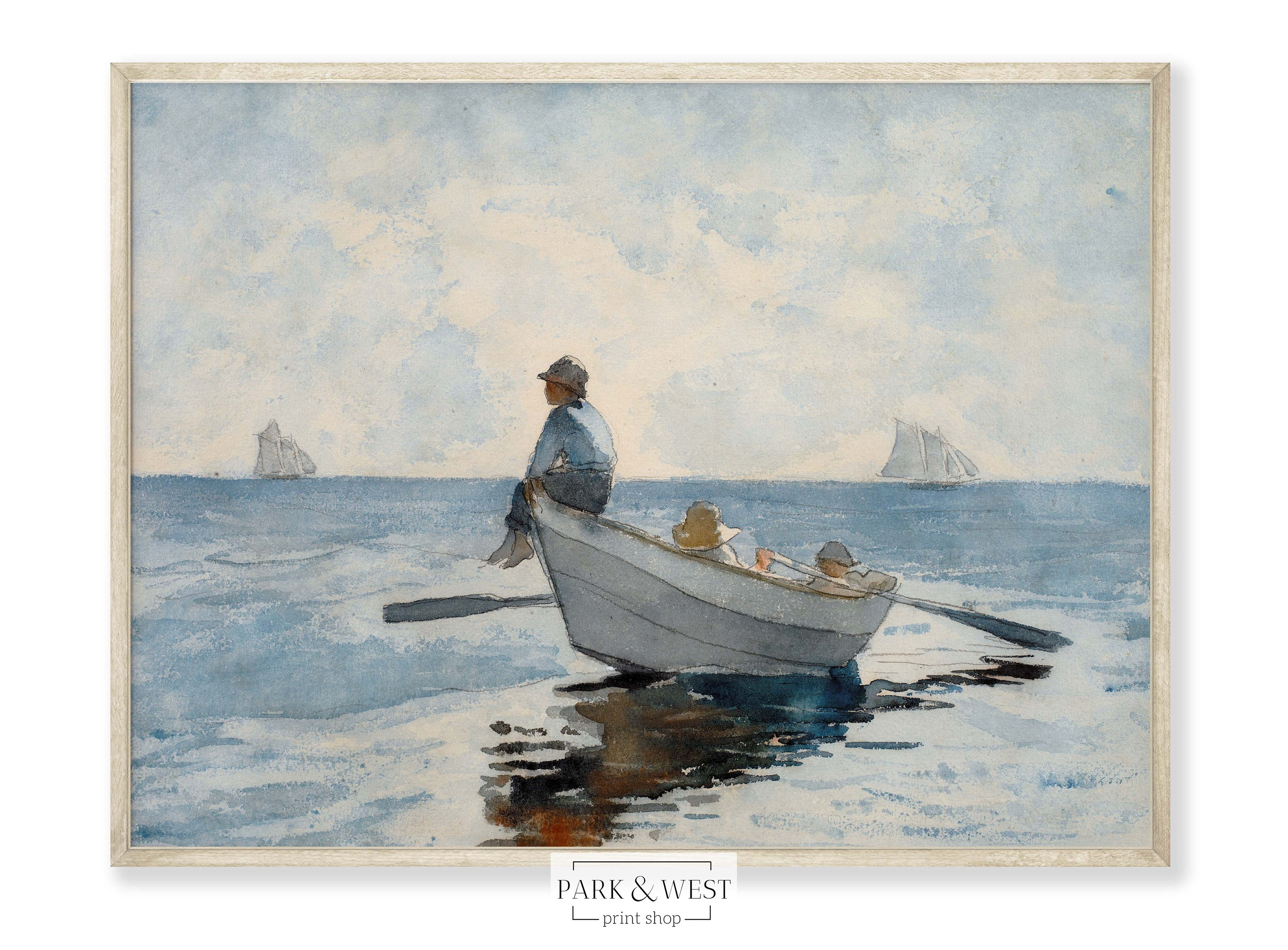 Boys in A Rowboat | Digital Printable Art | Vintage Seascape Watercolor ...