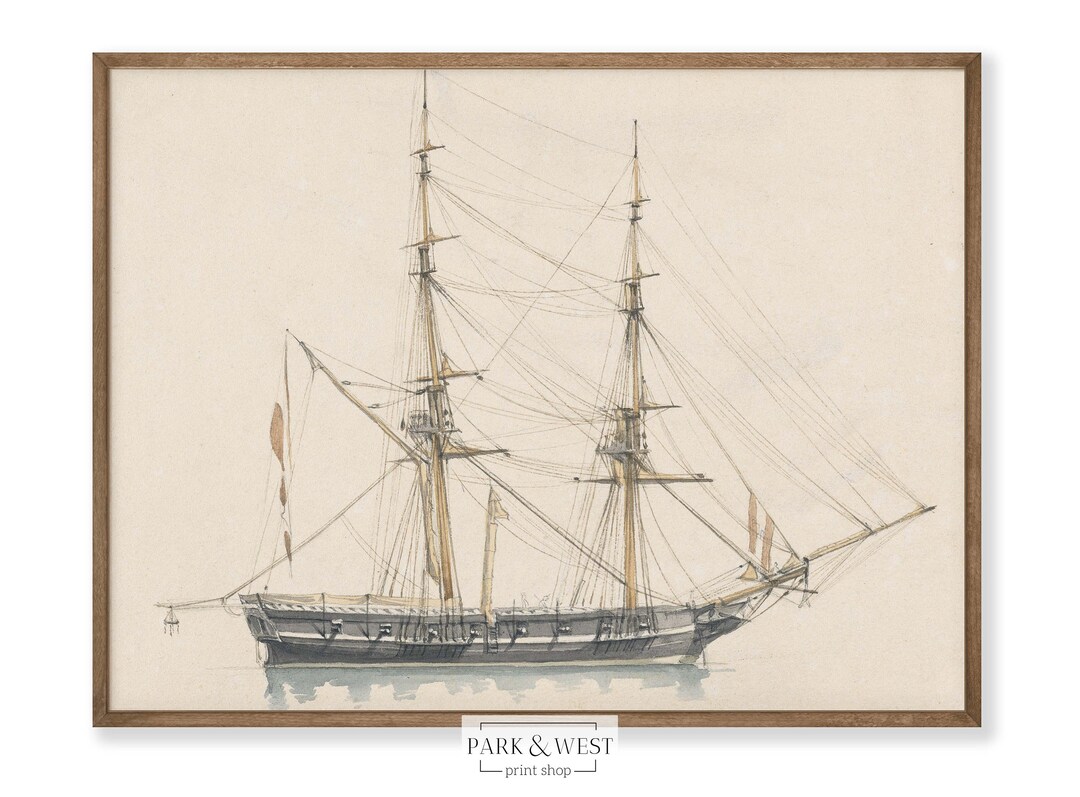 Brigantine Digital Printable Art Vintage Nautical Sailboat Seascape ...