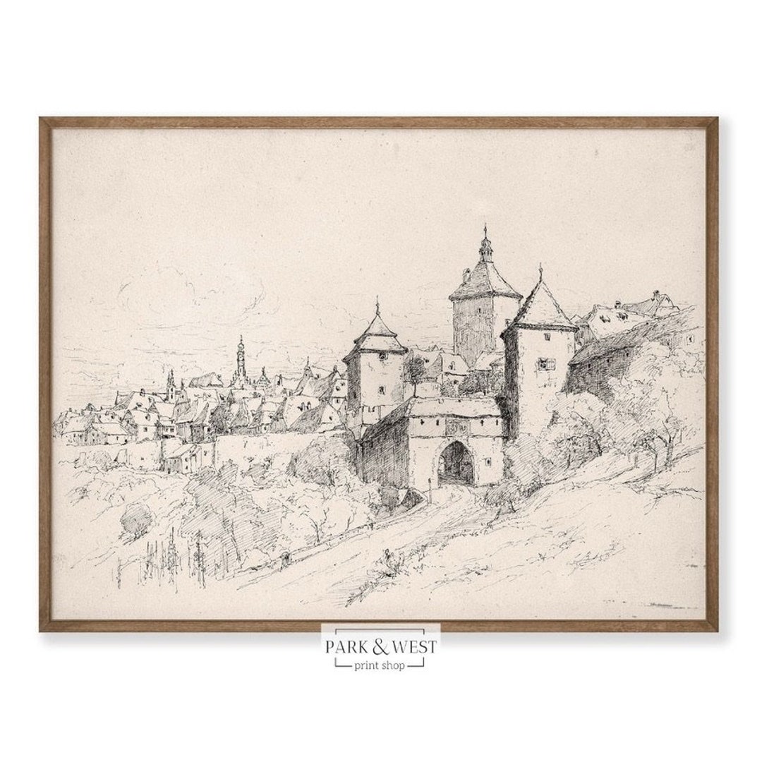 Rhineland Sketch | Digital Printable Art | Vintage German Village ...