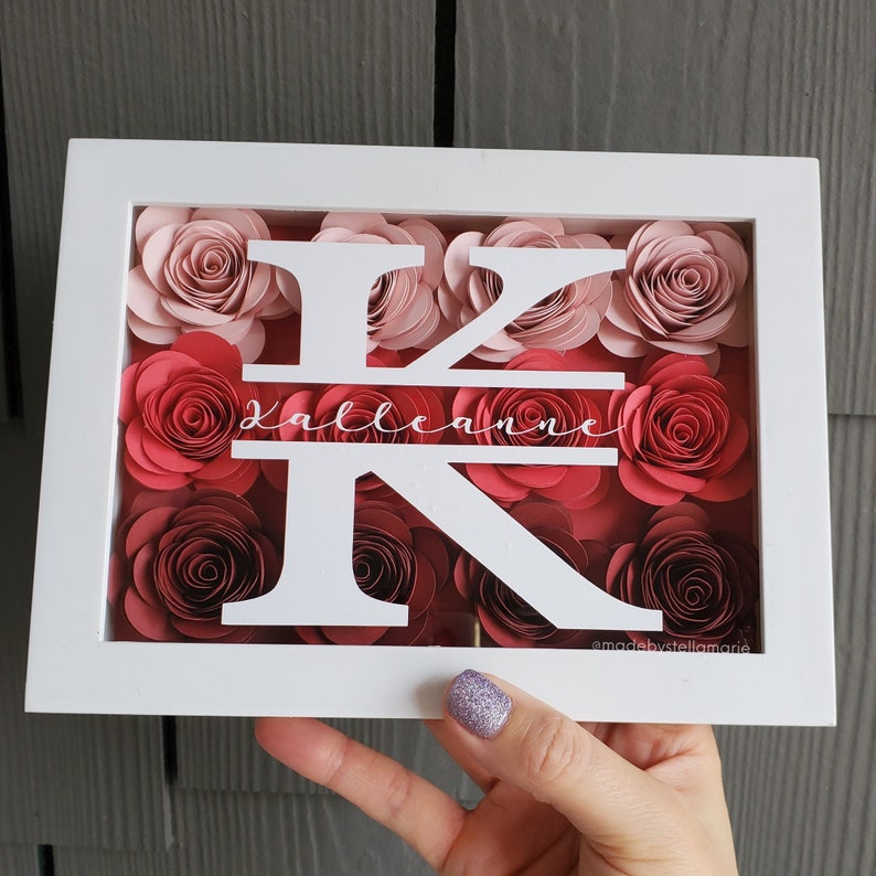 Monogram Initial Floral Shadow Box | Personalized Name Rose Box ...