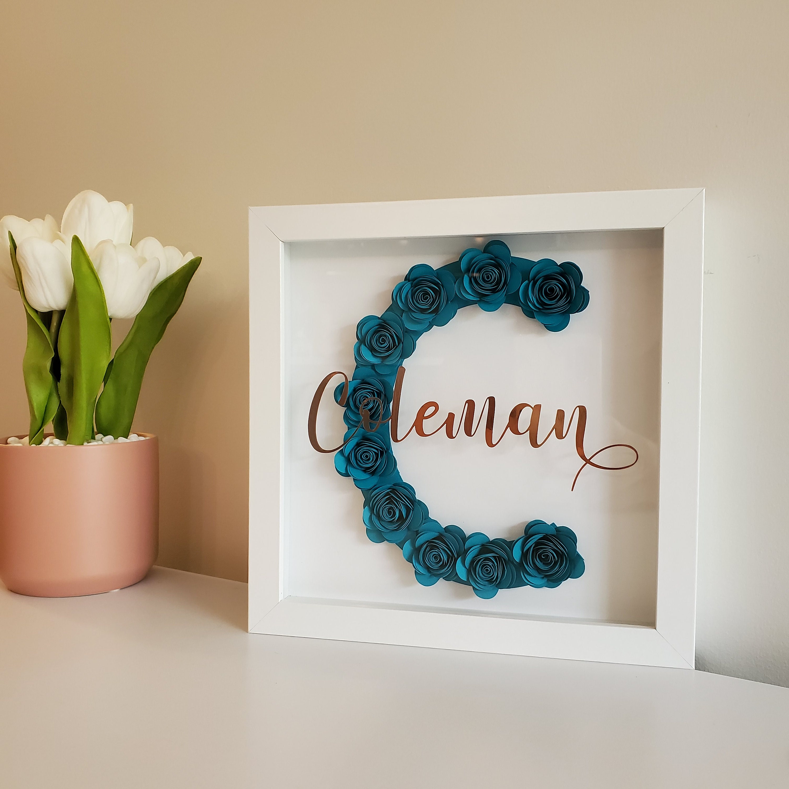 Initial & Name Floral Shadow Box | Custom Paper Rose Box | Flower ...
