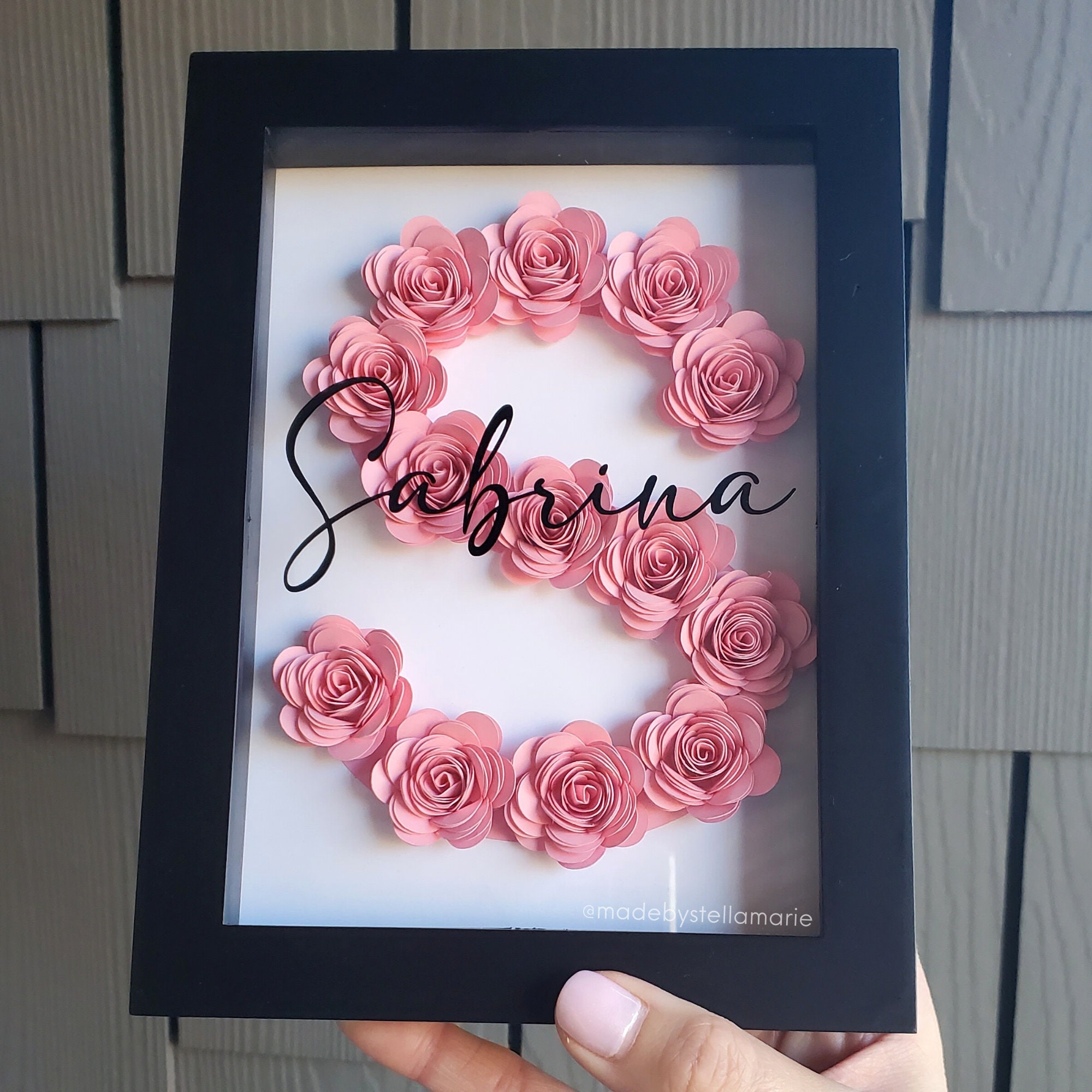 Initial & Name Floral Shadow Box | Custom Paper Rose Box | Flower ...
