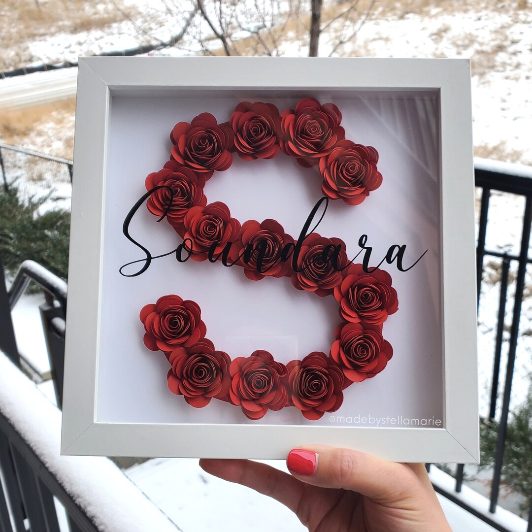 Initial & Name Floral Shadow Box | Custom Paper Rose Box | Flower ...
