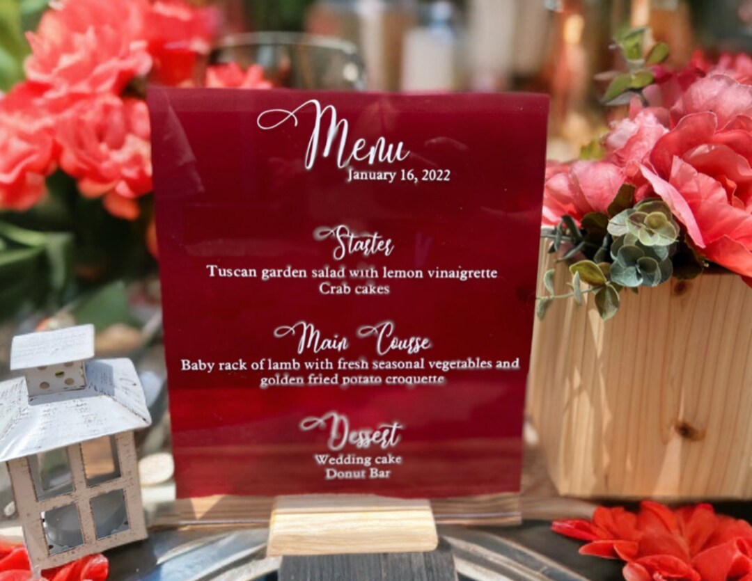Acrylic Wedding Menu Sign W Stand Red 8x10 Table Menu Sign Acrylic ...