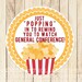 General Conference Reminder Printable Treat Tag Popcorn Card | Etsy