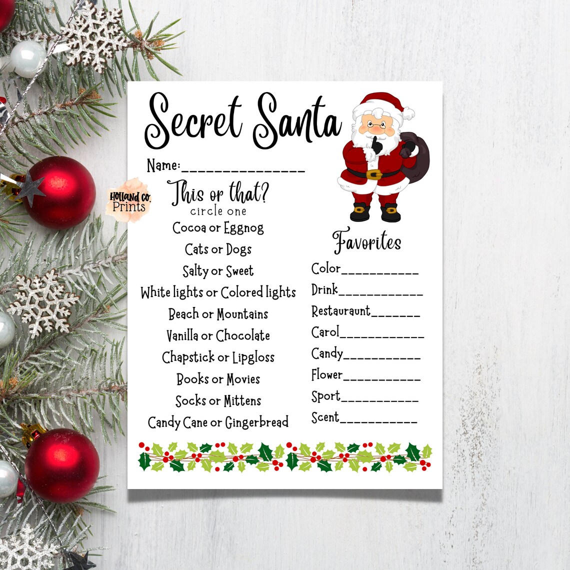 Secret Santa Questionnaire | Christmas Secret Gift Exchange | - Etsy