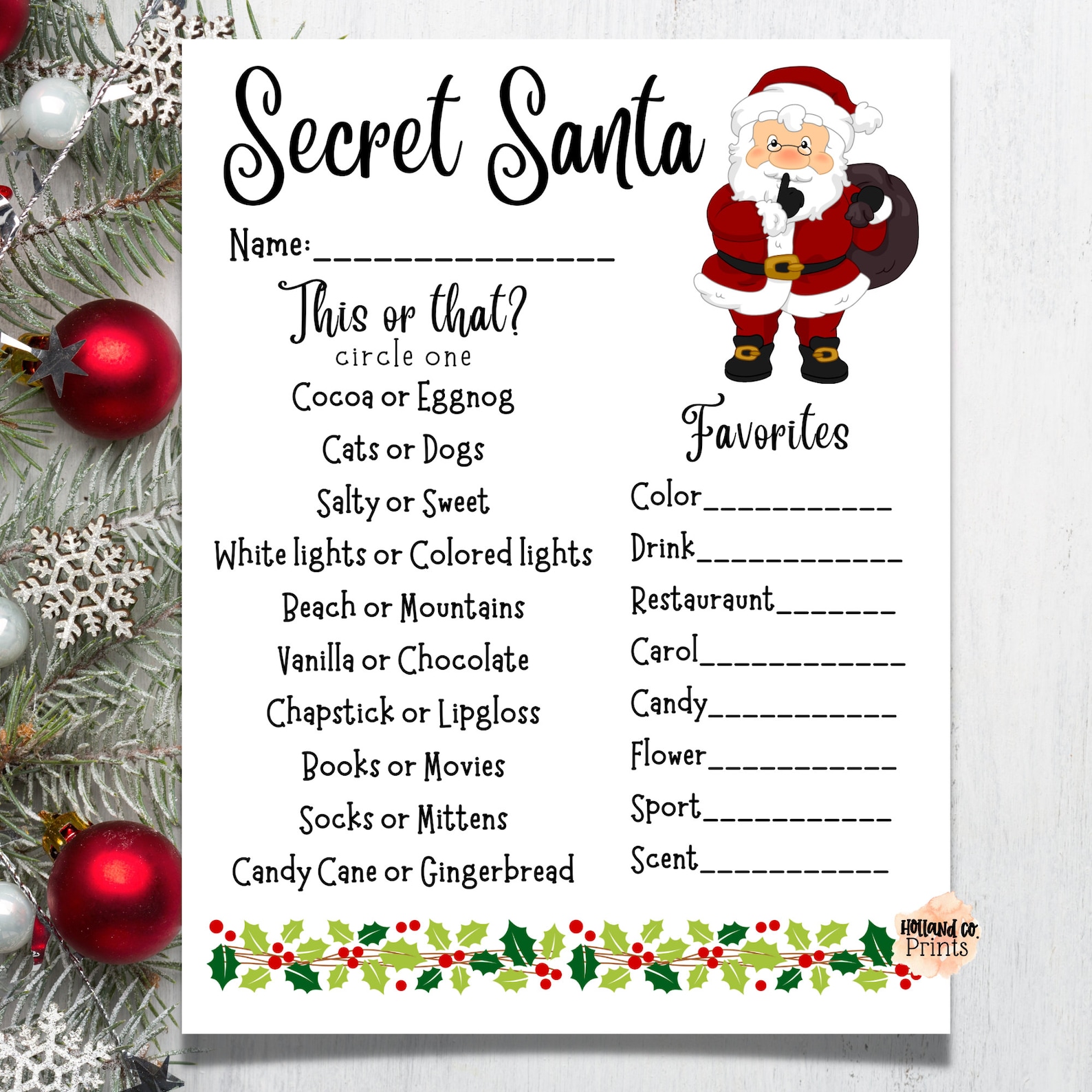 Secret Santa Questionnaire | Christmas Secret Gift Exchange | - Etsy