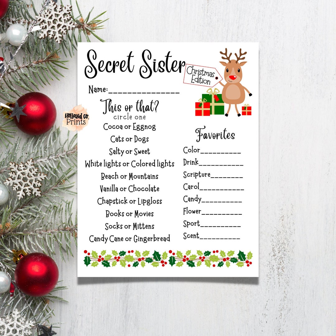 Christmas Secret Sister Printable | Secret Santa Questionnaire ...