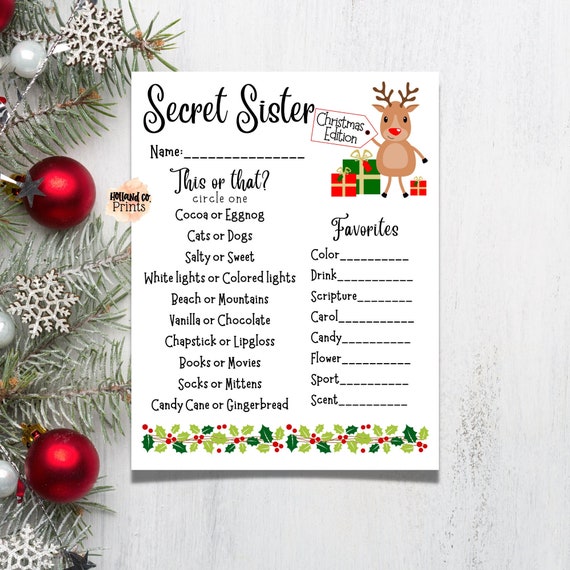Christmas Secret Sister Printable Secret Santa Questionnaire - Etsy
