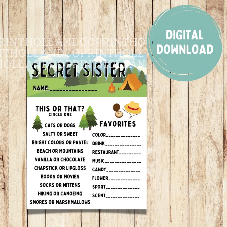 Girls Camp Secret Sister Printable Survey | Questionnaire for Secret ...