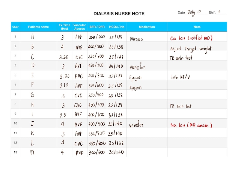 Dialysis Nurse Note/dialysis Charting Printable / Hemodialysis ...