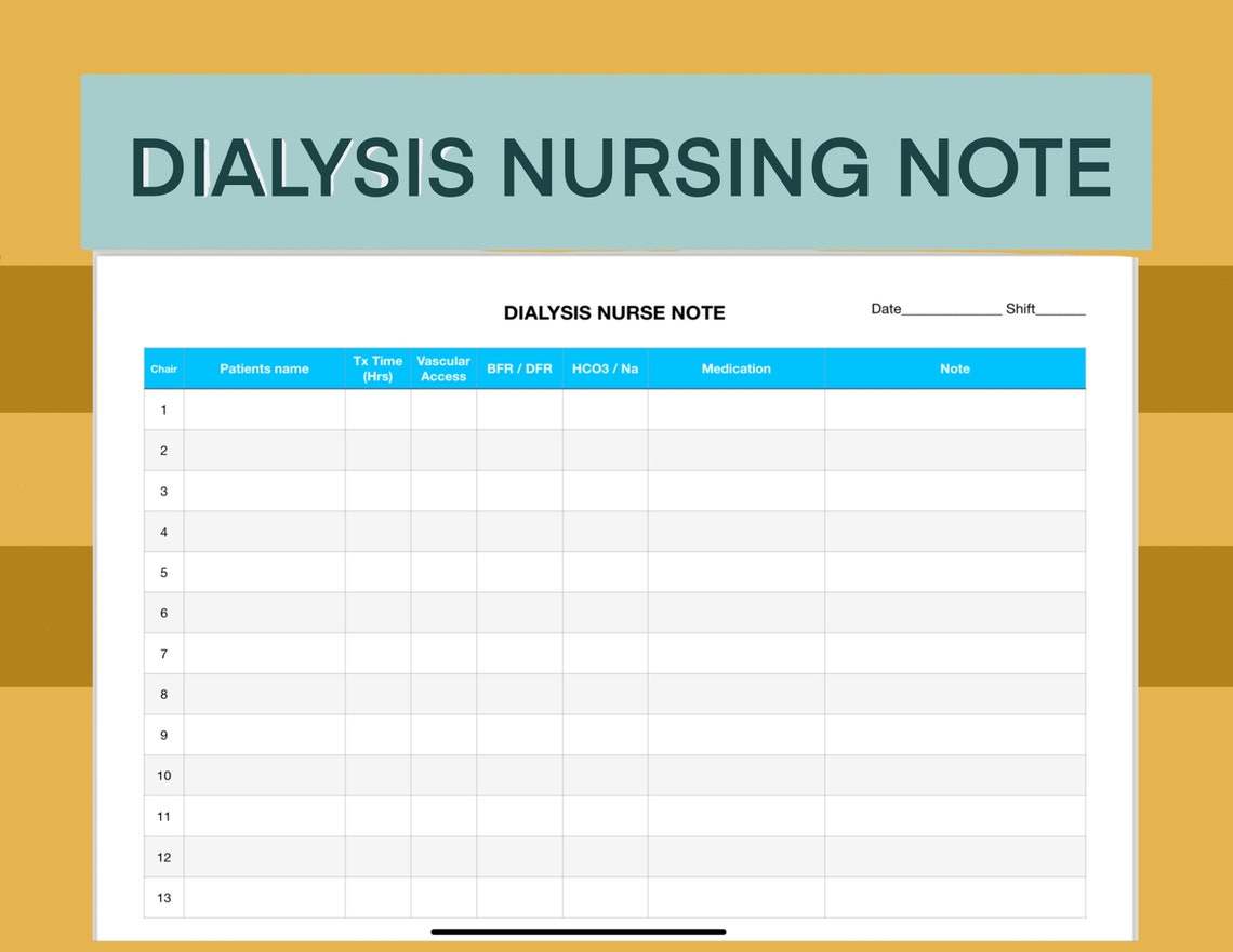 Dialysis Nurse Note Printable | Hemodialysis Charting Document (digital ...