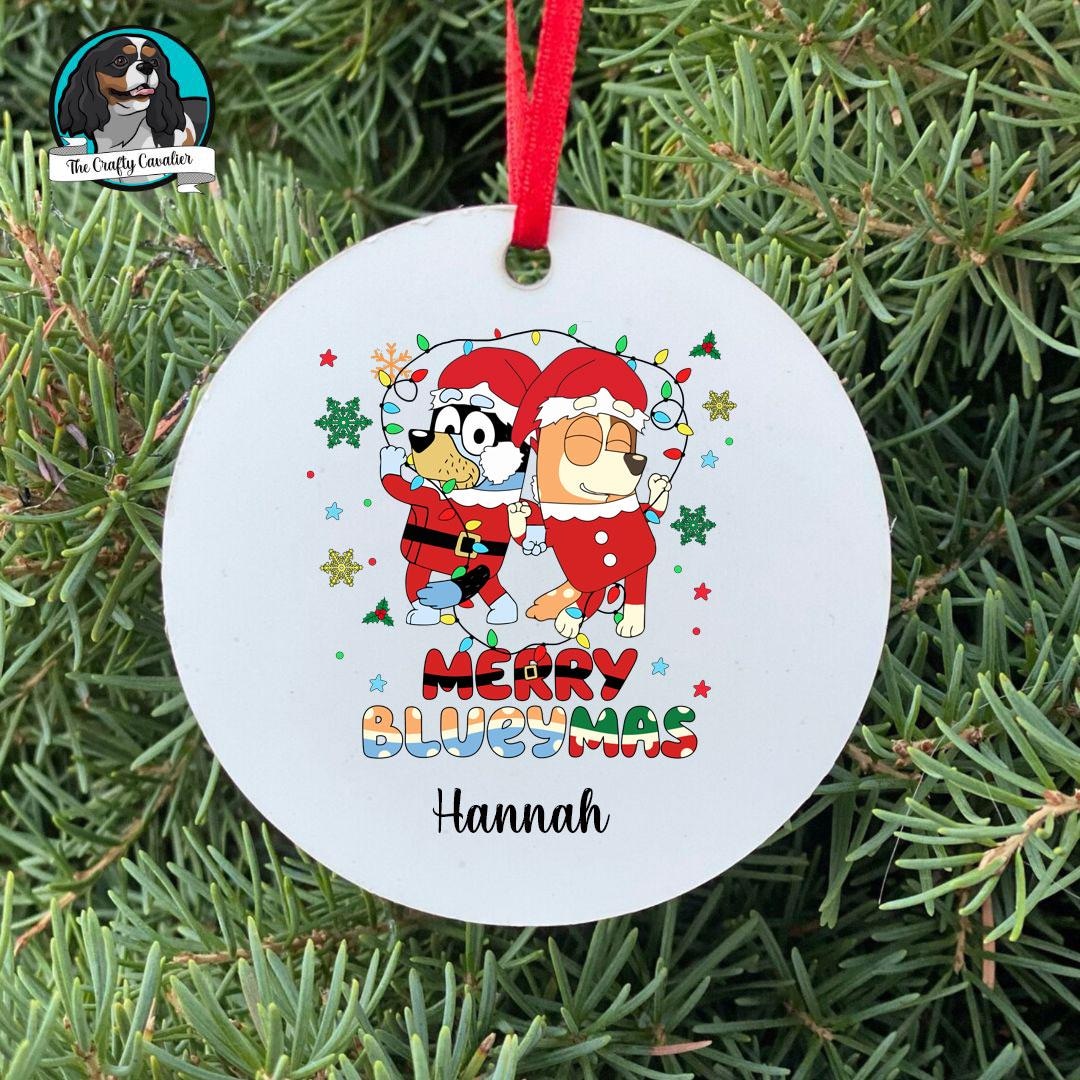 Personalised Bluey Christmas Tree Decoration, Name Christmas Bauble ...