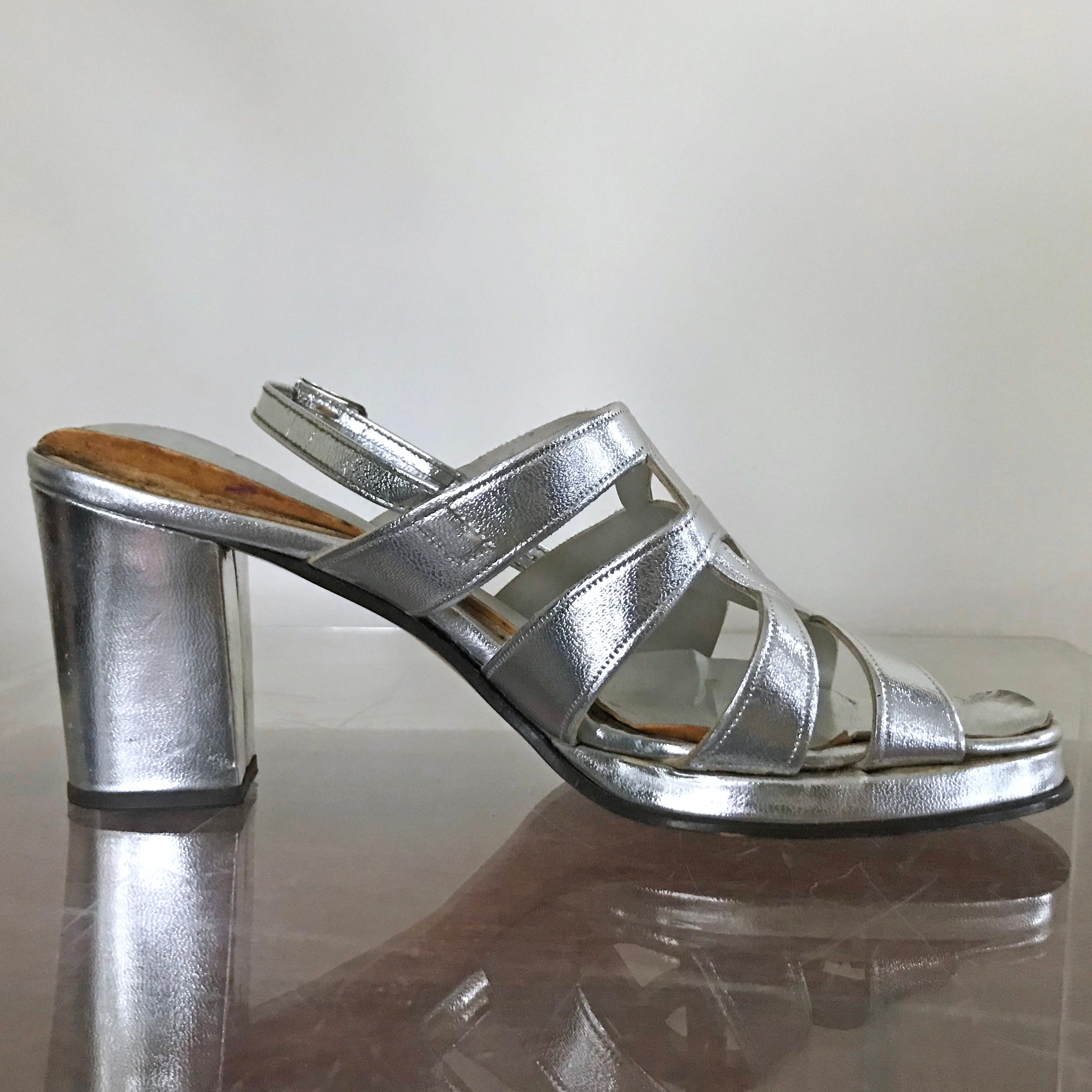Vintage Heeled Metallic Silver Sandals 6.5 - Etsy