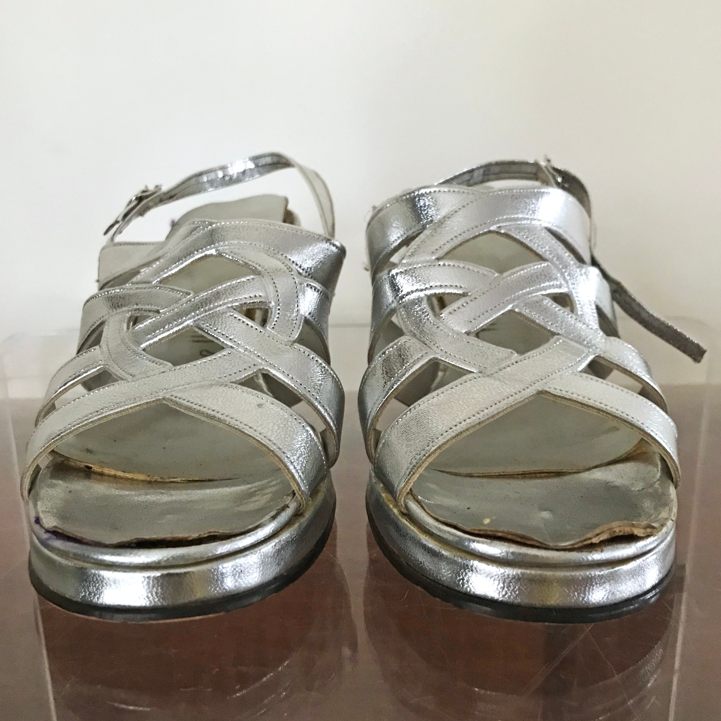 Vintage Heeled Metallic Silver Sandals 6.5 - Etsy