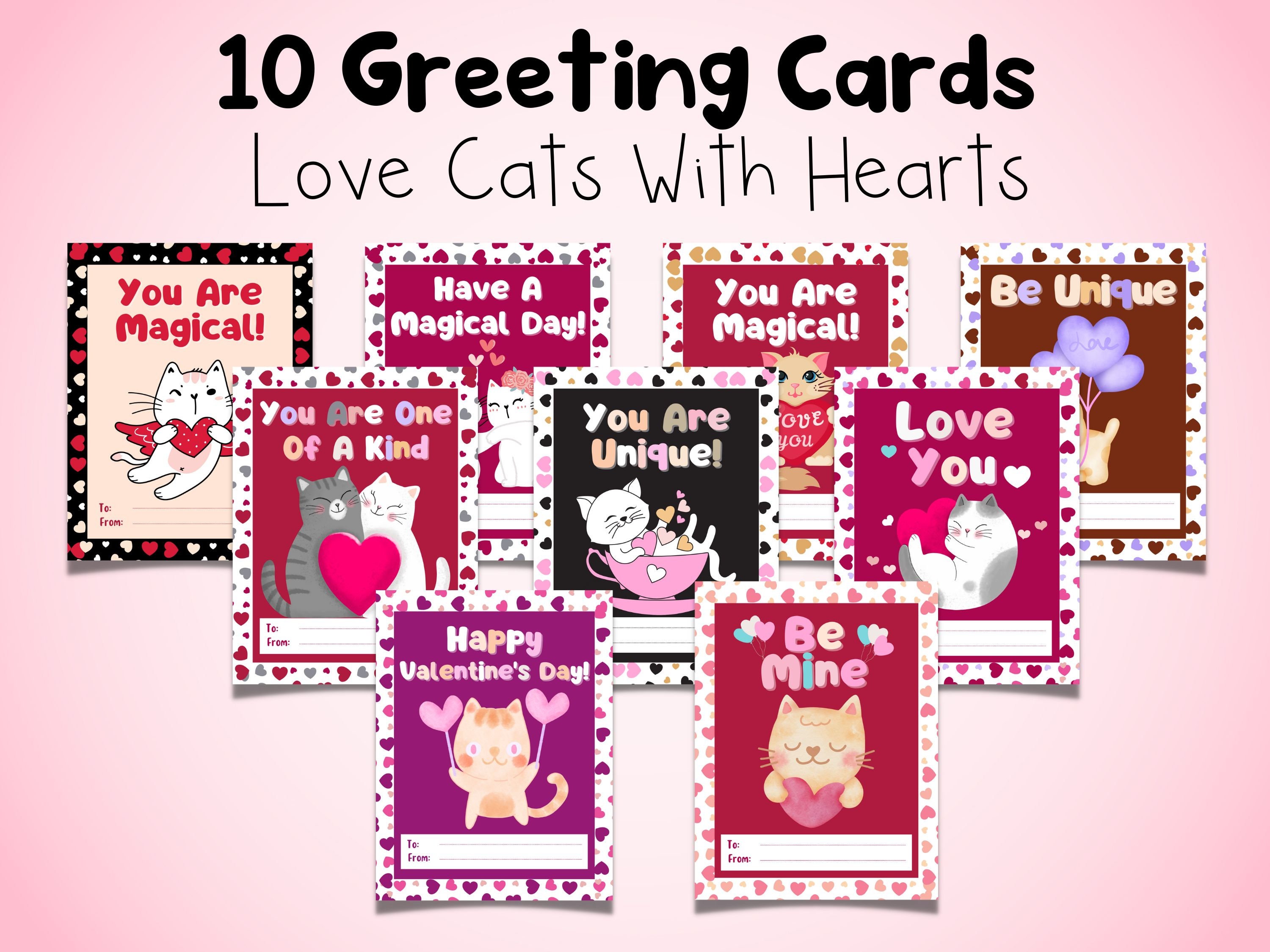 Cute Cats Valentines Day Greeting Cards Printable Cat Cards Valentine's Day Instant Download ...