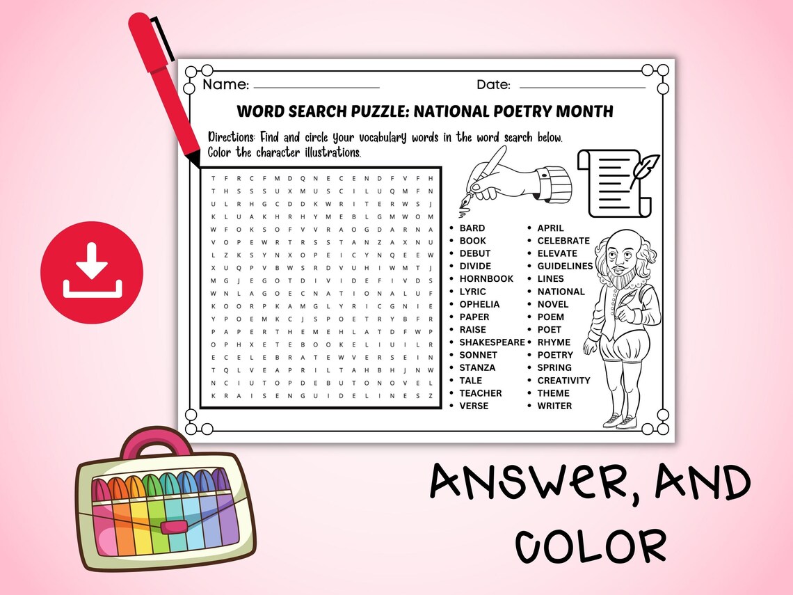 National Poetry Month Word Search Puzzle Answer Key Included ...