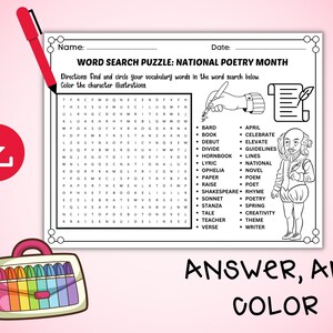 National Poetry Month Word Search Puzzle | Answer Key Included ...