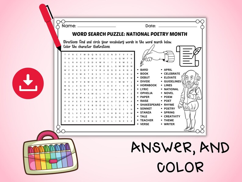 National Poetry Month Word Search Puzzle | April Word Game Activity ...
